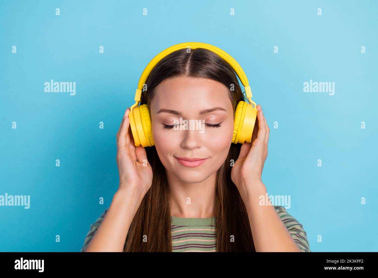 Closeup photo of young pretty dreamy cute woman wear striped t-shirt ...