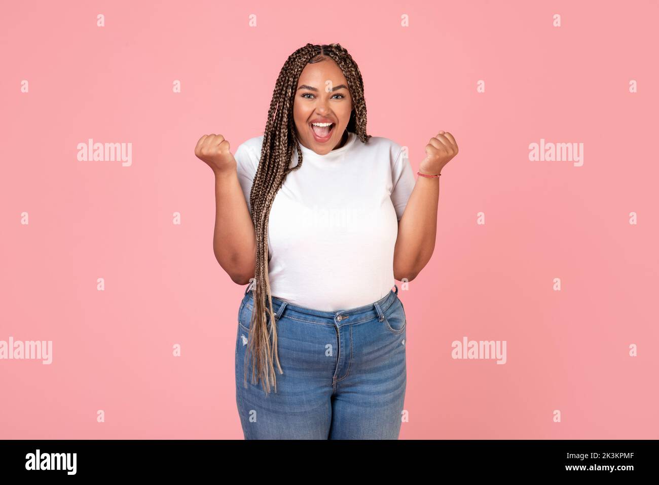 Black Plus Size Lady Gesturing Yes Celebrating Success, Pink Background ...