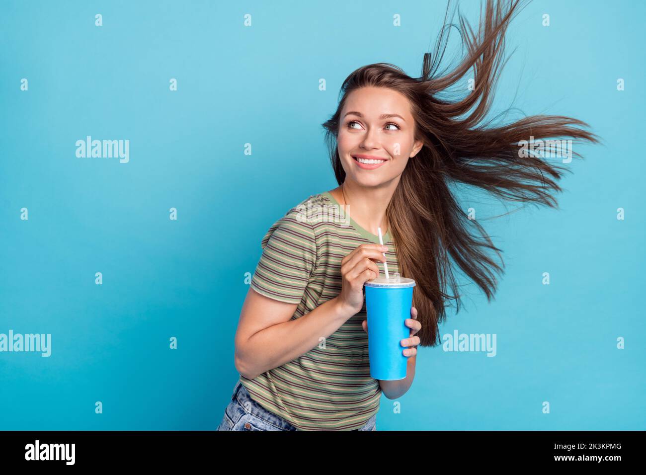 Photo of cheerful tender lady beaming shiny smile stylish striped ...