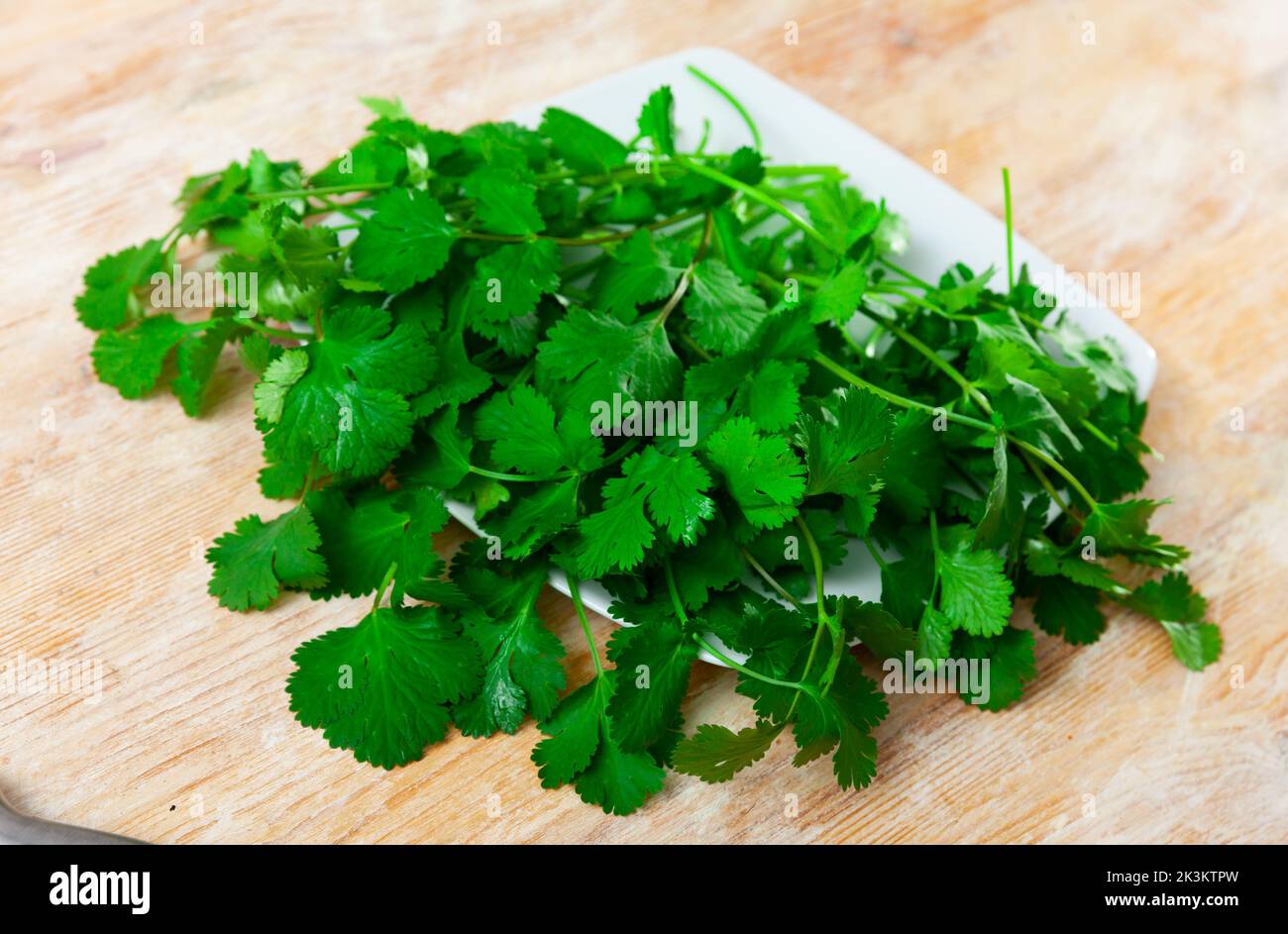 Sprigs of raw green coriander on kitchen table Stock Photo - Alamy
