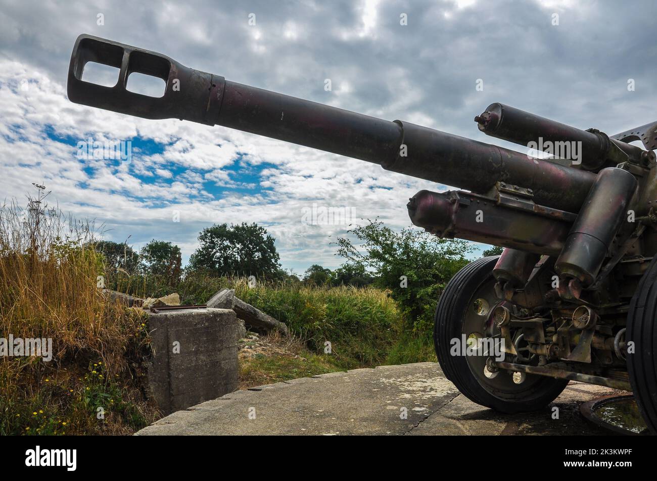 A historical retro artillery gun on the wheels from the World War II ...