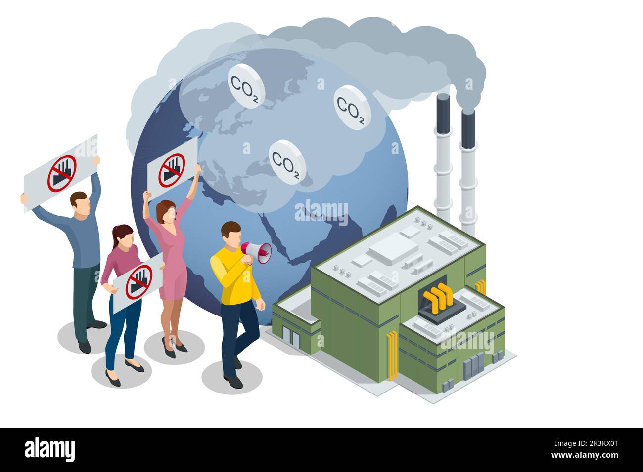 Isometric industrial chimneys with heavy smoke causing air pollution ...