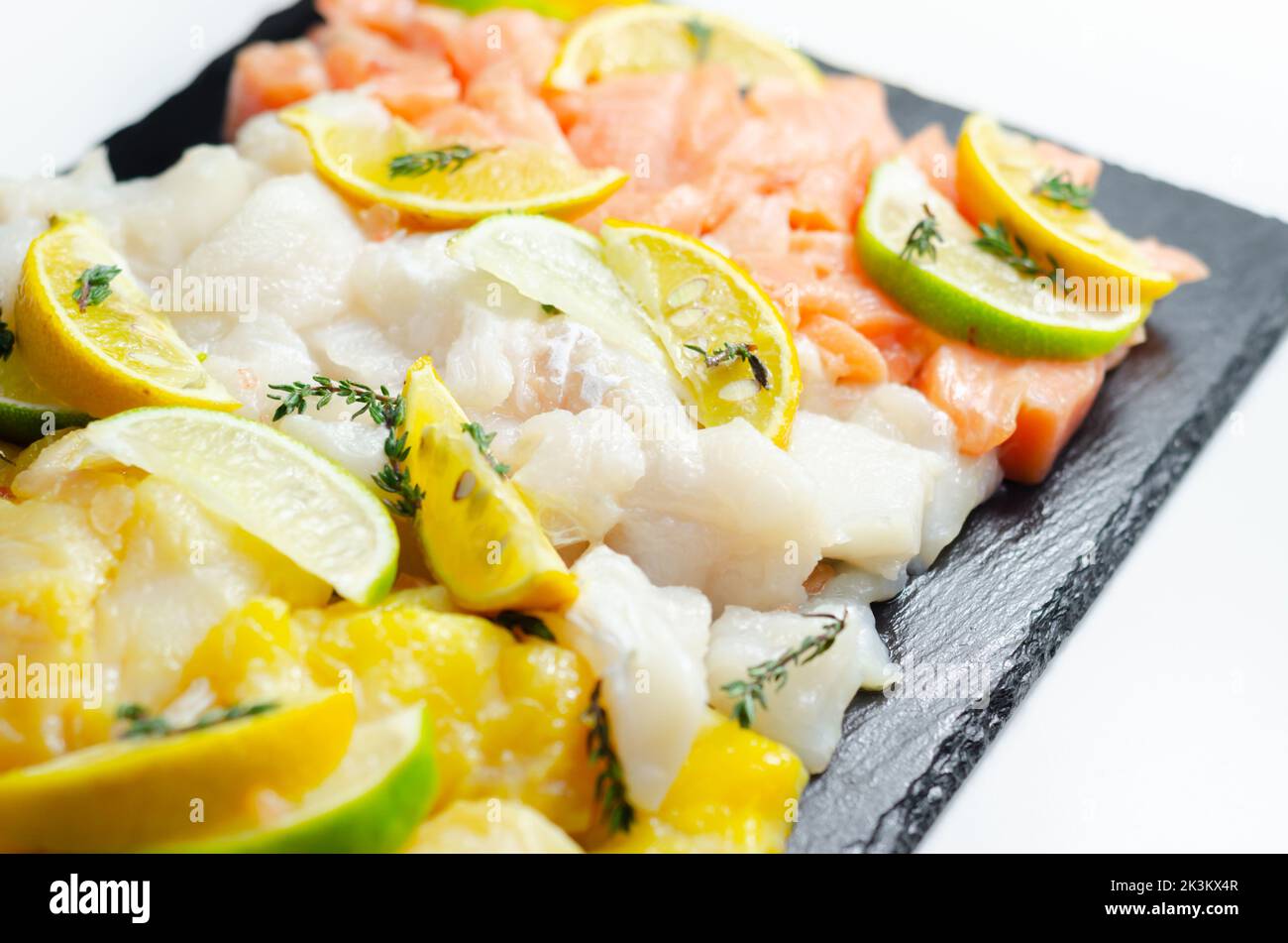 Fish pie mix, raw skinless and boneless cod, dyed smoked haddock and ...