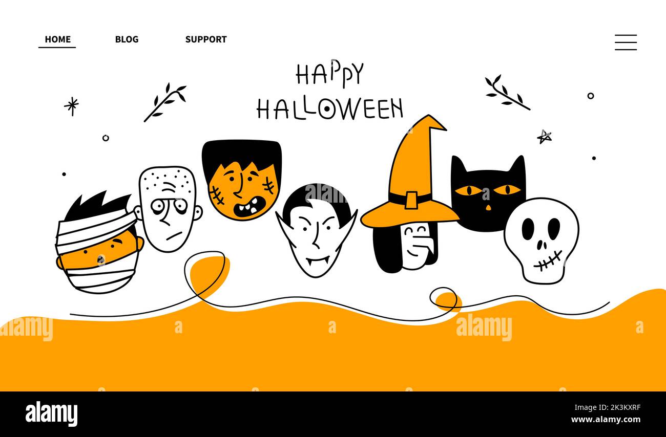 WEB page with creepy faces vampire, witch, zombie, mummy, cat and ...