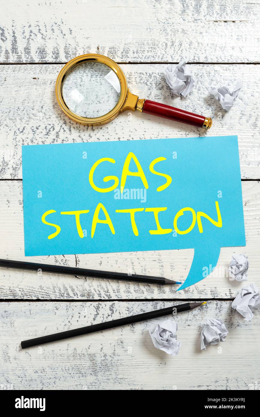 Conceptual display Gas Station. Word Written on for servicing motor ...