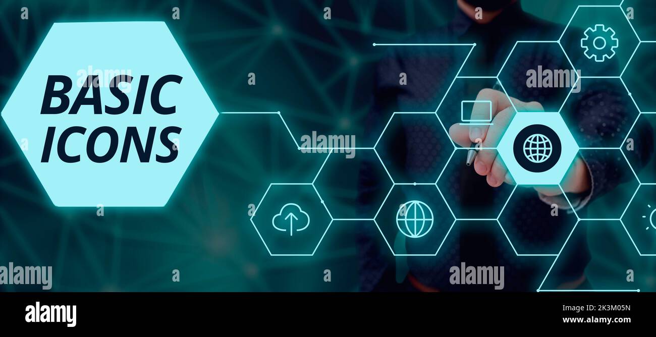 Hand writing sign Basic Icons. Word for pictogram or ideogram displayed ...