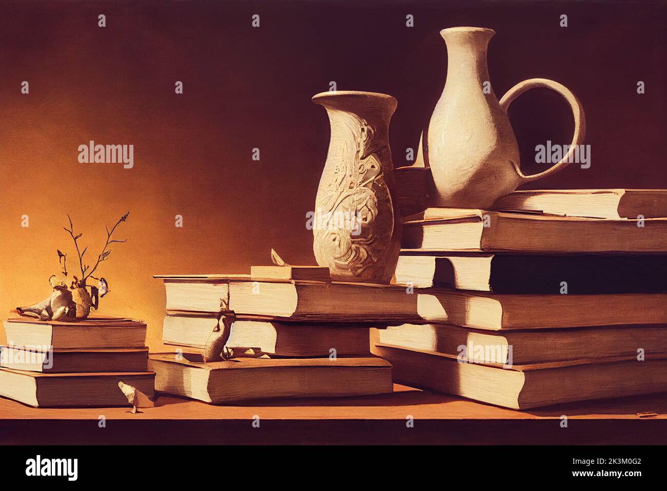 Ceramic pitchers standing on a pile of old books, vintage style table ...