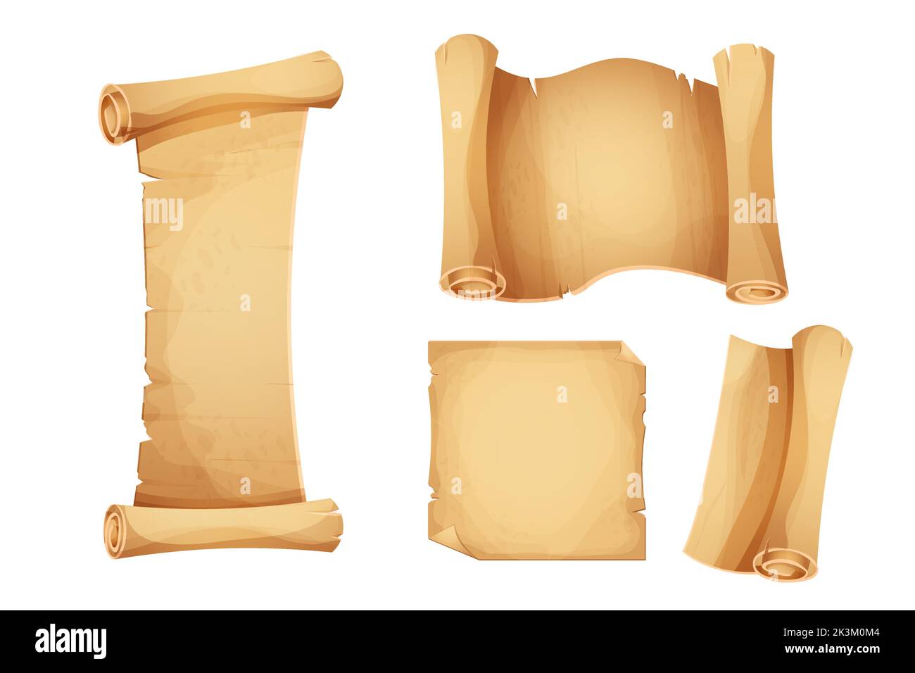 Set ancient old parchment paper, scroll, page empty medieval letter in cartoon style isolated on ...