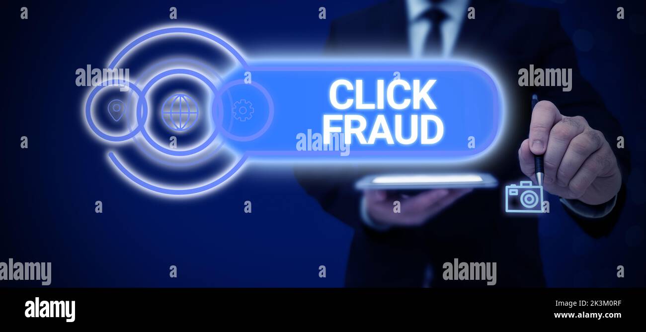 Text caption presenting Click Fraud. Business showcase practice of ...