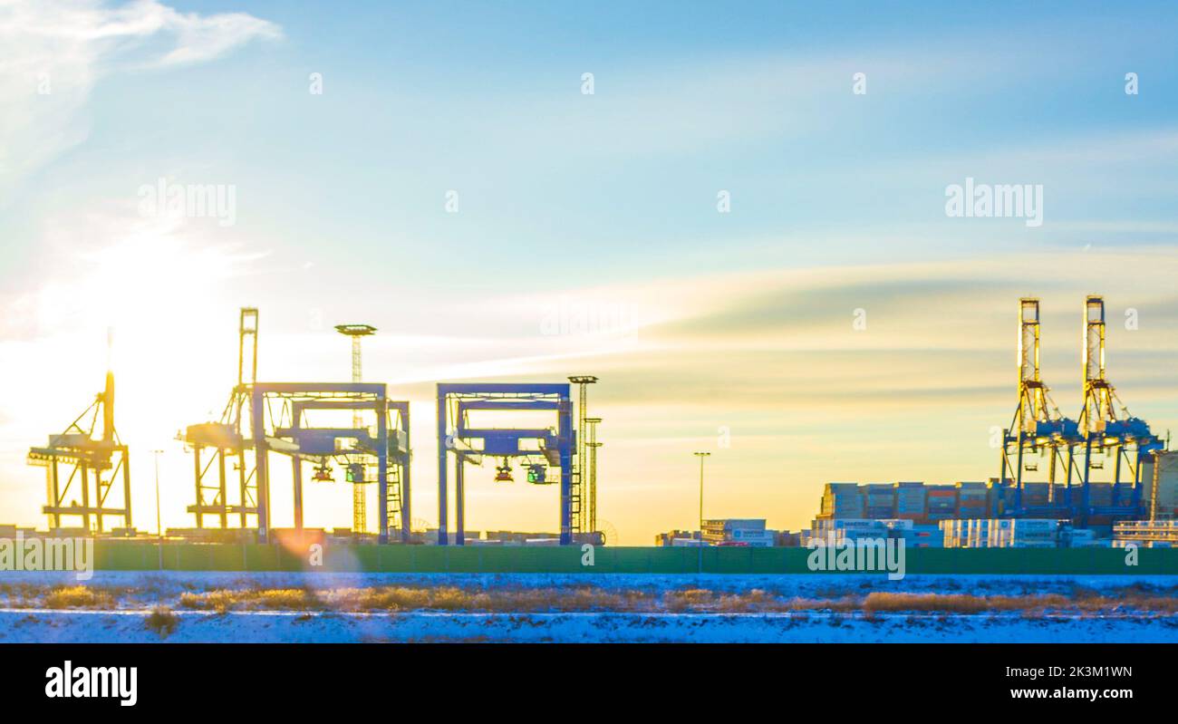 Shipyard cranes shipyard crane and container port with cold and snow in ...