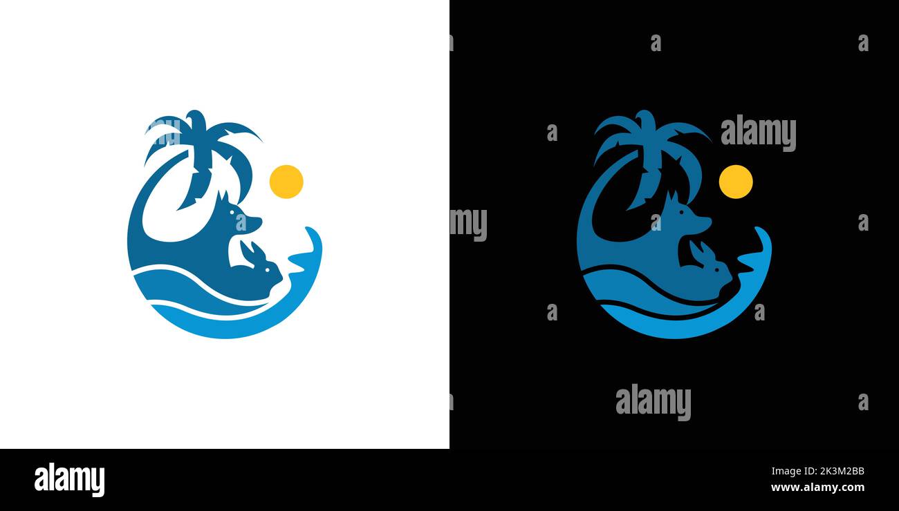 A marine life logo design with sun and tree in a circle on white and ...