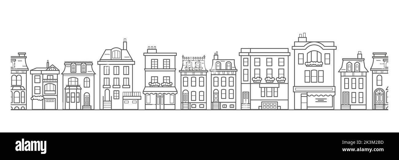 European buildings skyline. Linear cityscape with various row houses ...