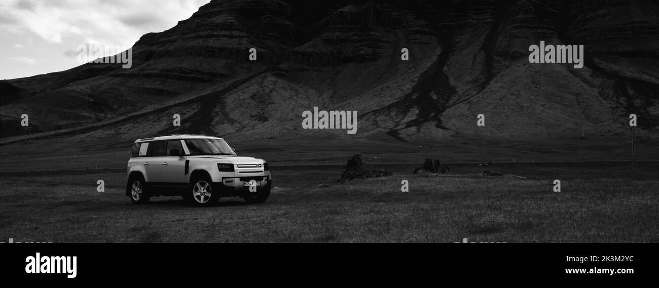 A black and white of Land Rover Defender in Iceland Stock Photo - Alamy