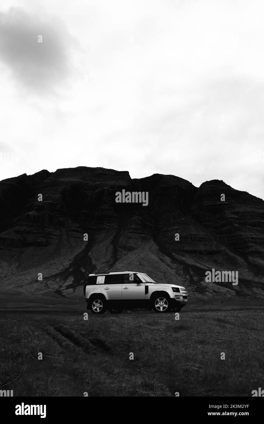 A vertical of Land Rover Defender in Iceland in black and white Stock ...