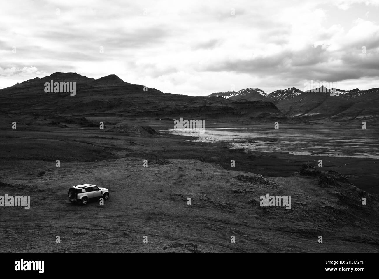A black and white of Land Rover Defender in Iceland Stock Photo - Alamy