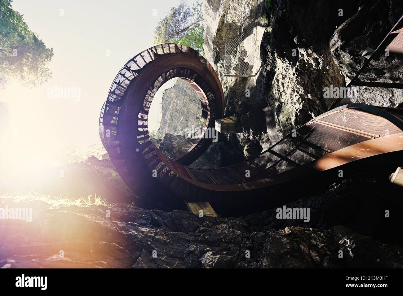 Metal spiral staircase in Liechtensteinklamm or Liechtenstein Gorge ...