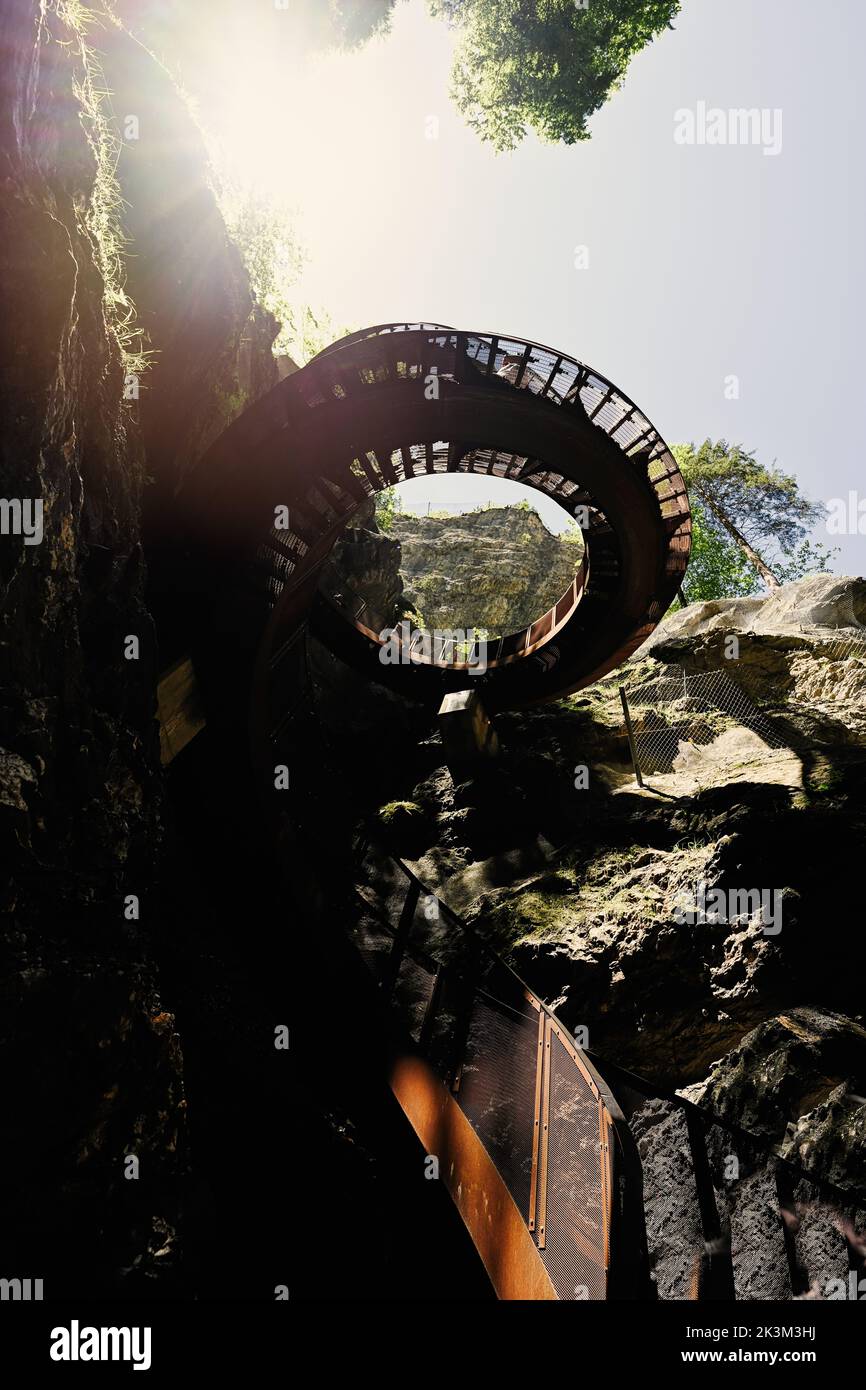 Metal spiral staircase in Liechtensteinklamm or Liechtenstein Gorge ...