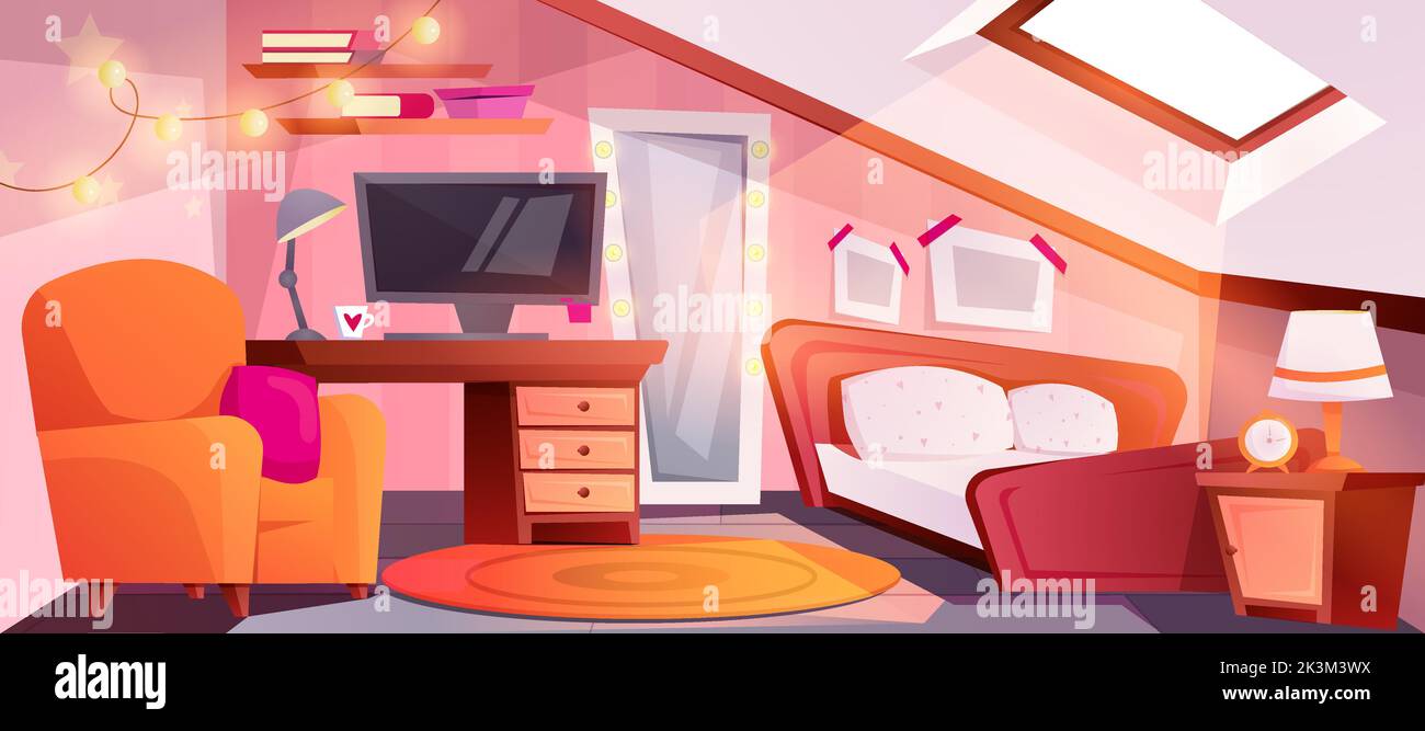 Cartoon attic interior of cozy girl bedroom with workspace for study ...