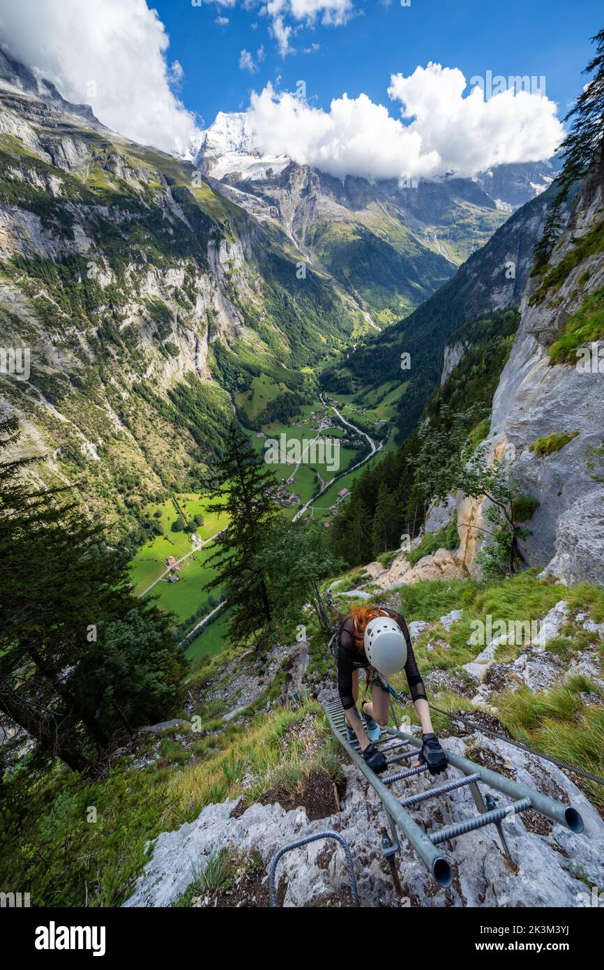 On the Mürren via ferrata route near Lauterbrunnen, Switzerland, Alps ...