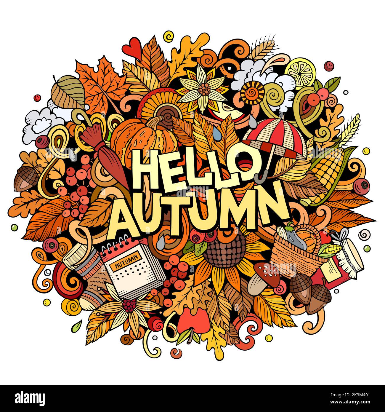 Hello Autumn nature cartoon doodle illustration Stock Vector Image ...
