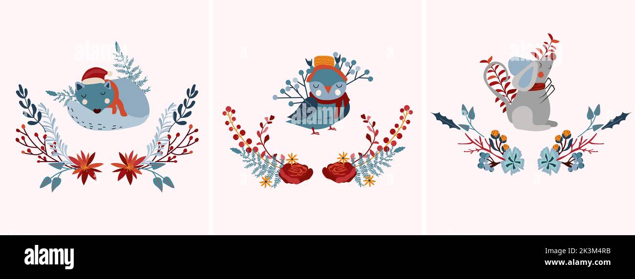 Cute winter composition with mouse in wreath, funny owl and sleeping ...