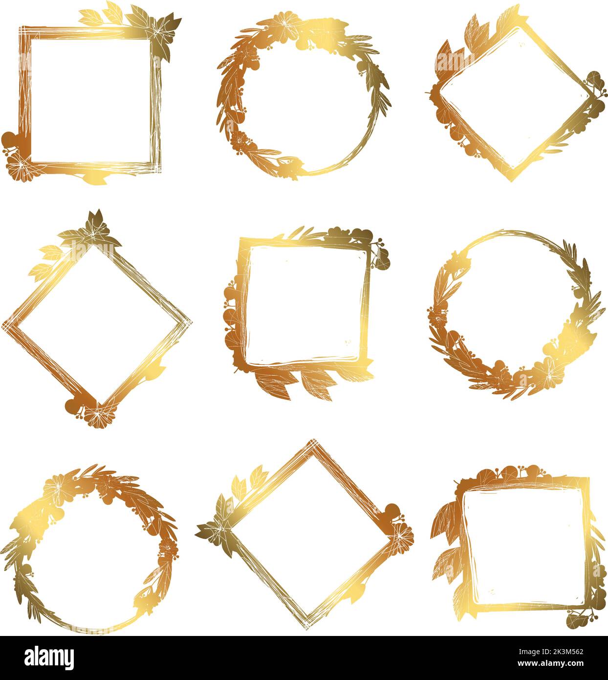 Set of gold frame silhouettes with flowers and twigs, hand-drawn ...