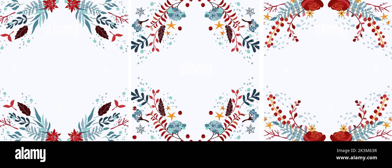 Christmas border with, winter berries, flowers, colorful leaves, snow ...