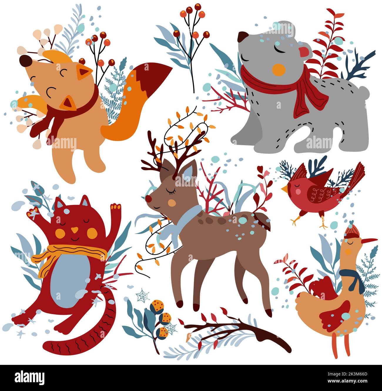 Cute winter animals, polar bear, funny fox in a scarf, northern ...