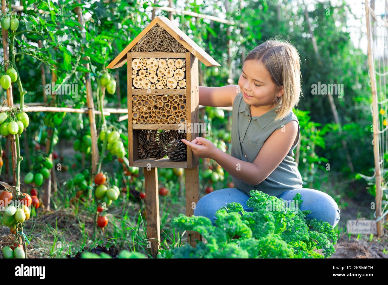 Portrait of happy girl next to hotel for insects in of wooden birdhouse ...