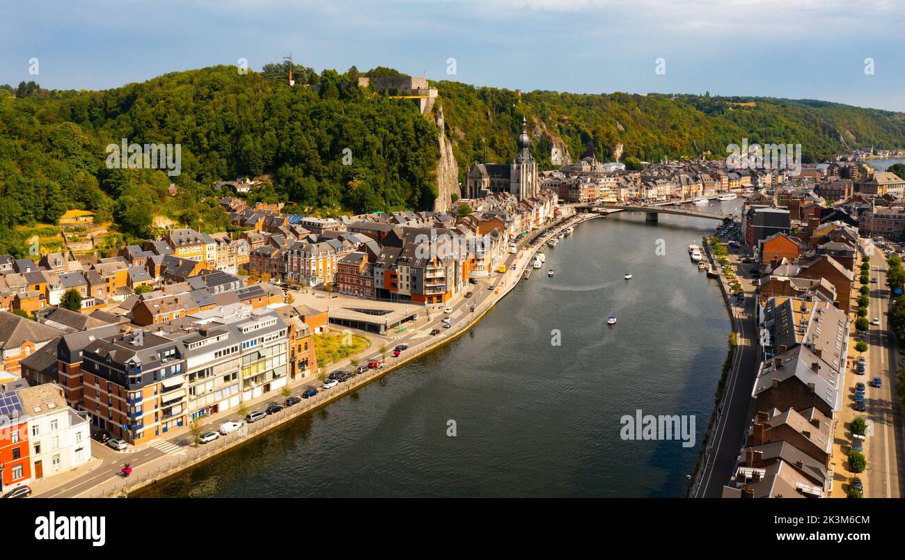 Aerial view of Dinant on Meuse river with Collegiate Church and ...