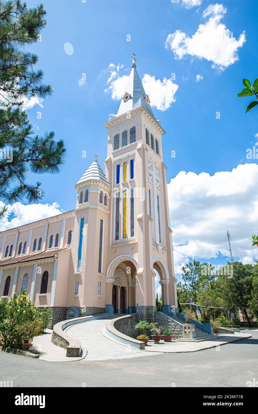 Dalat chicken church or St. Nicholas Cathedral of Dalat diocese on blue ...