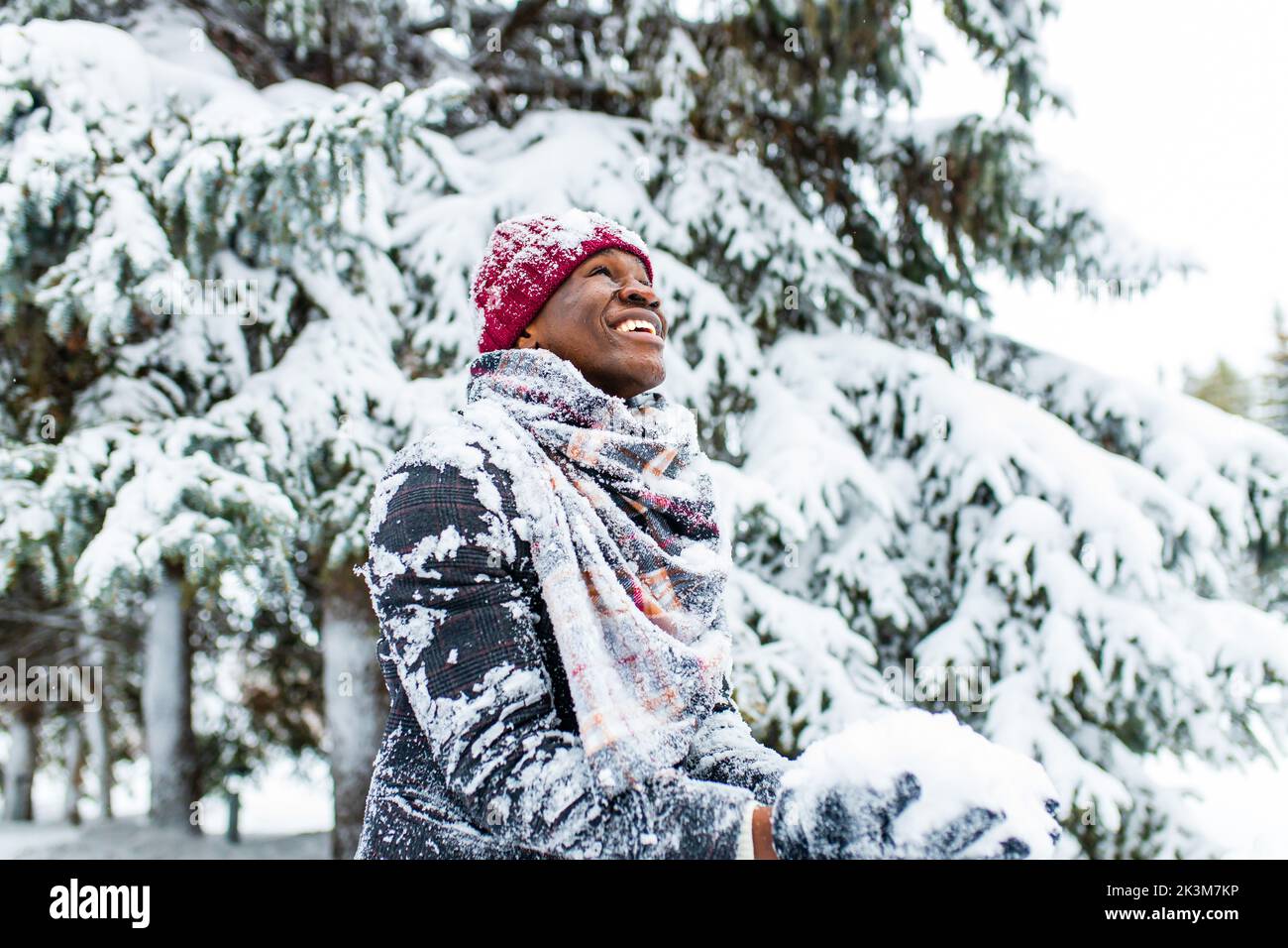 african american man in a snowy winter woodland with snowflakes falling ...