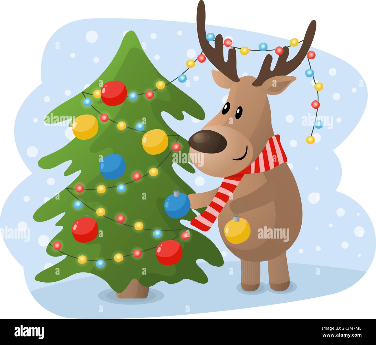 Cartoon deer decorating Christmas tree. Cute Christmas seasonal illustration in flat cartoon ...