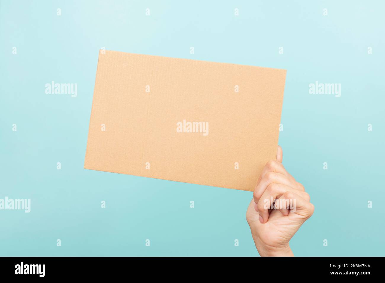 Woman hand holding blank rectangular sheet of brown cardboard on light ...