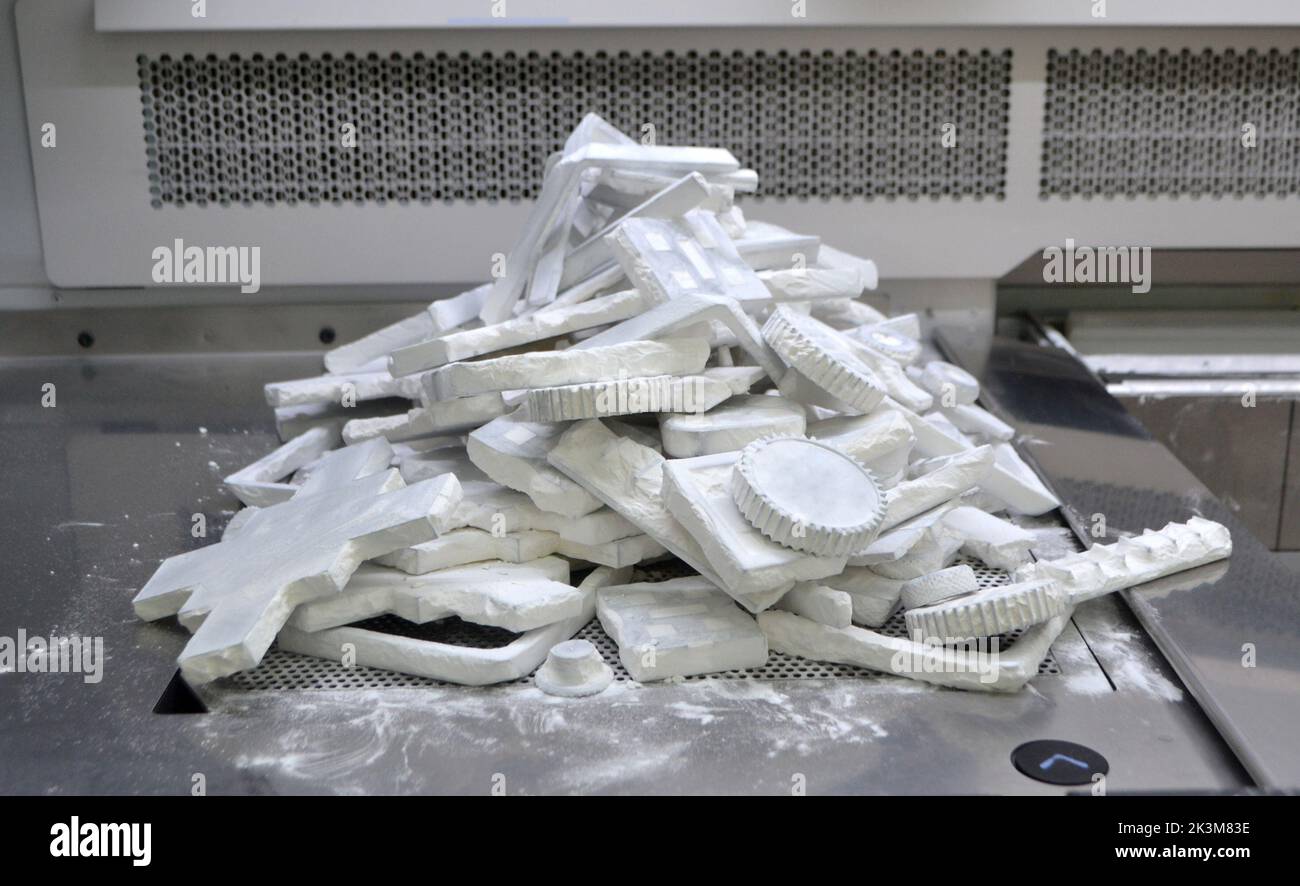 Detail objects printed on powder 3D printer and covered white polyamide ...