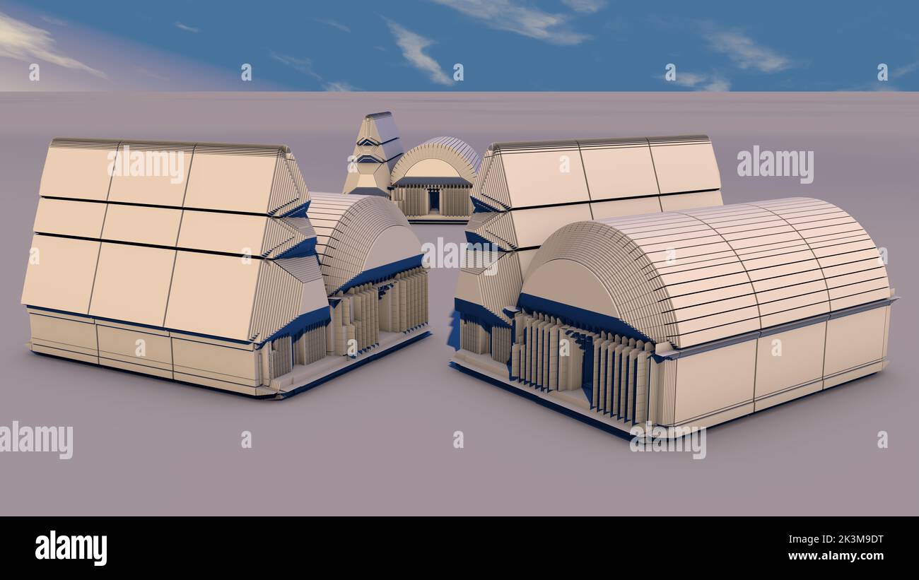 A 3D Illustration of a housing structure with a distant front view and ...