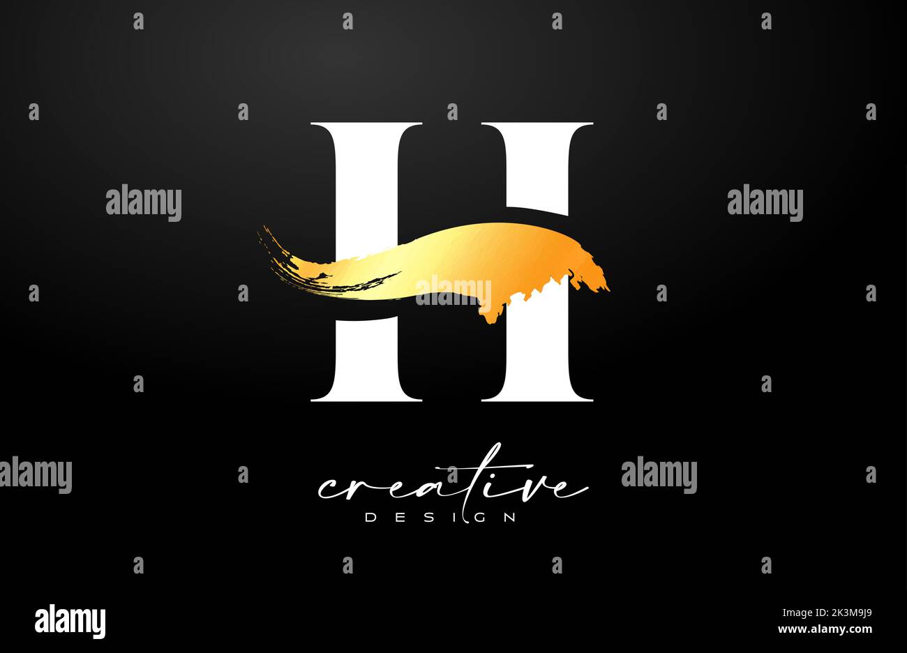 Golden Letter H logo desgn with Artistic Colorful Blue Purple Paintbrush Stroke Vector. Elegant ...