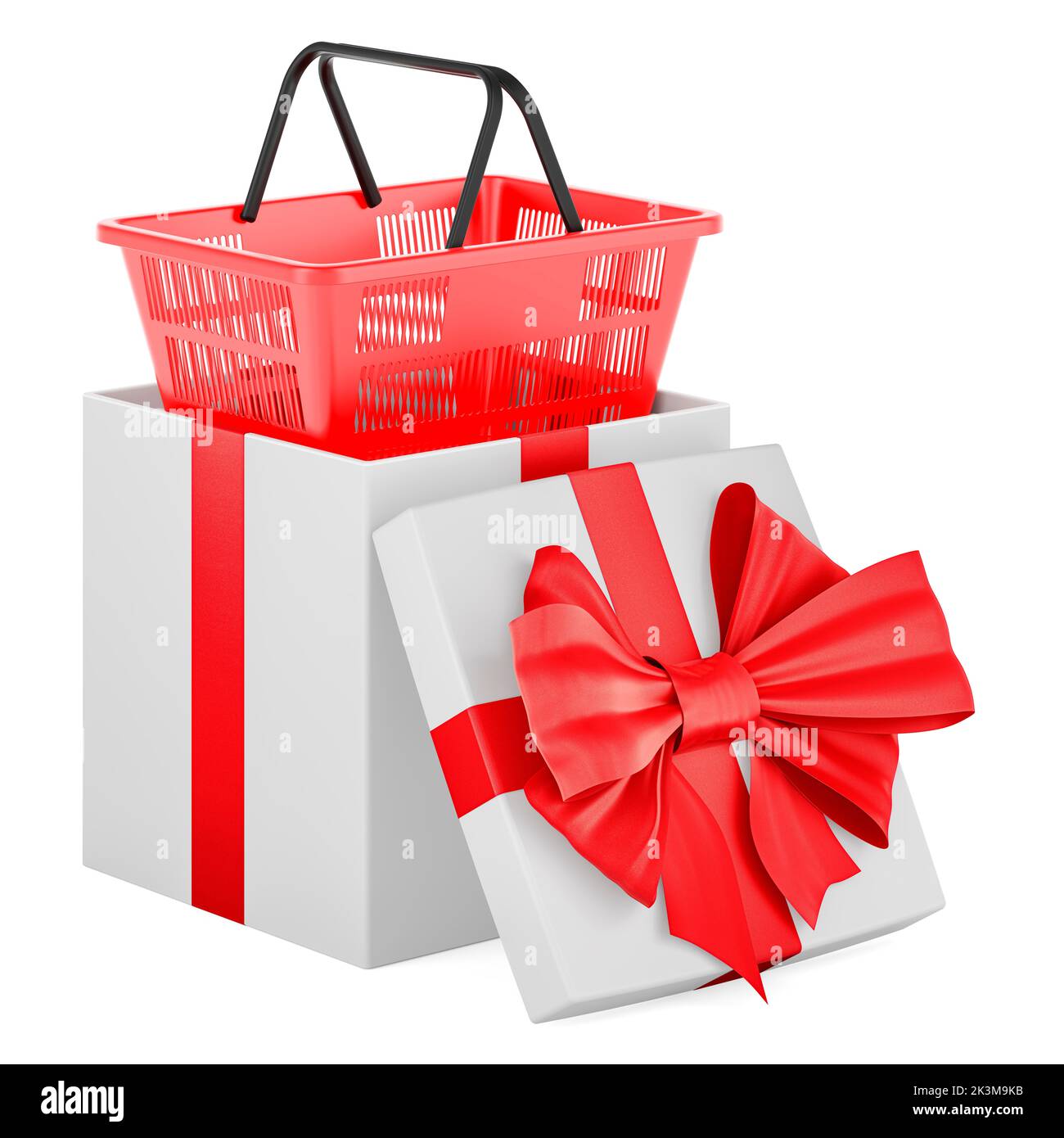Shopping basket inside gift box, 3D rendering isolated on white ...