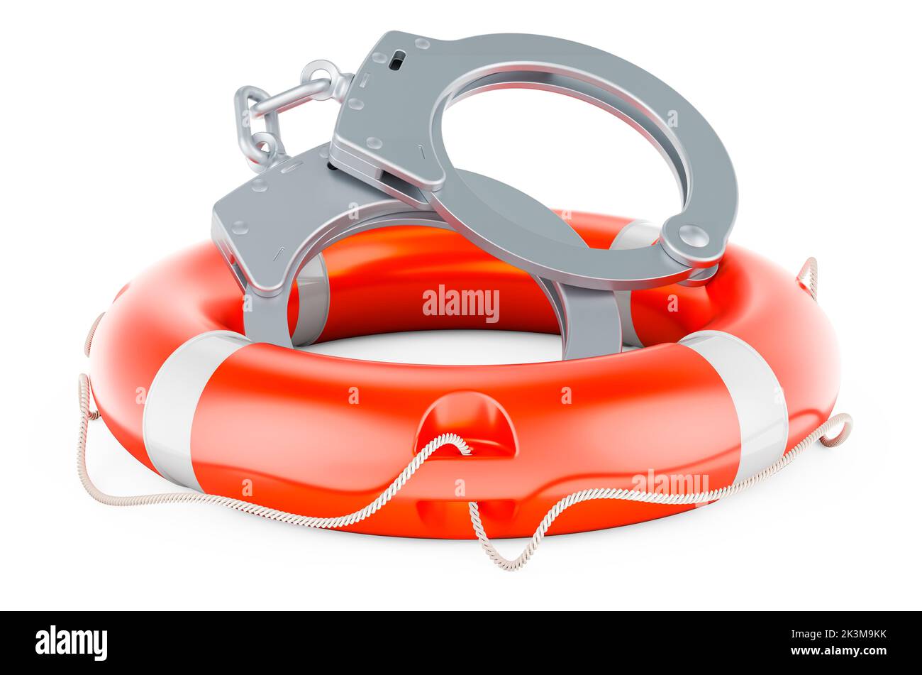Handcuffs inside lifebelt, 3D rendering isolated on white background ...