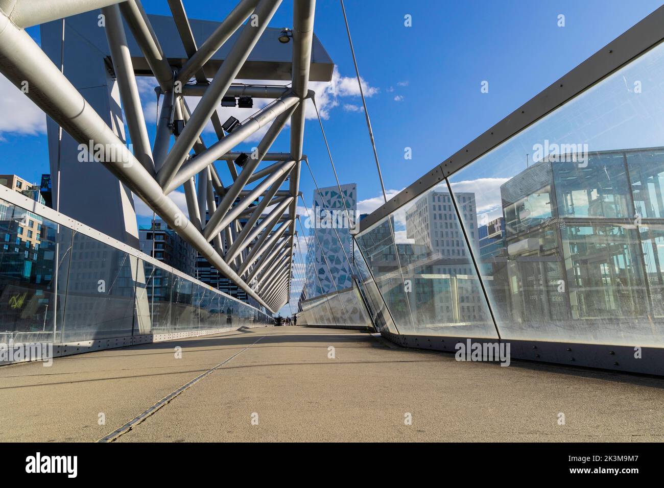 A low angle shot of the modern Akrobaten footbridge in the Bjorvika ...