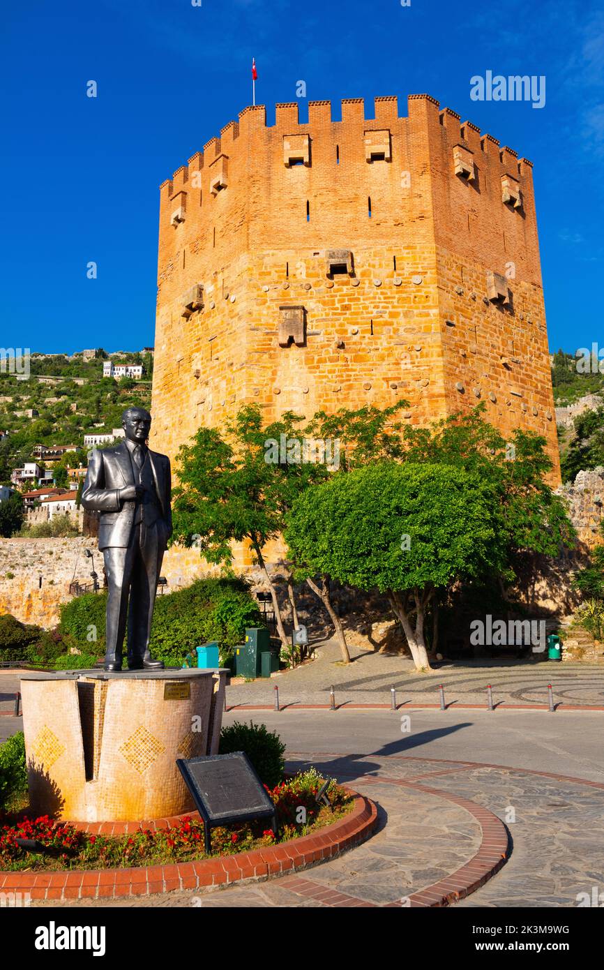 Red Tower and the fortification wall of a medieval castle in Turkish ...