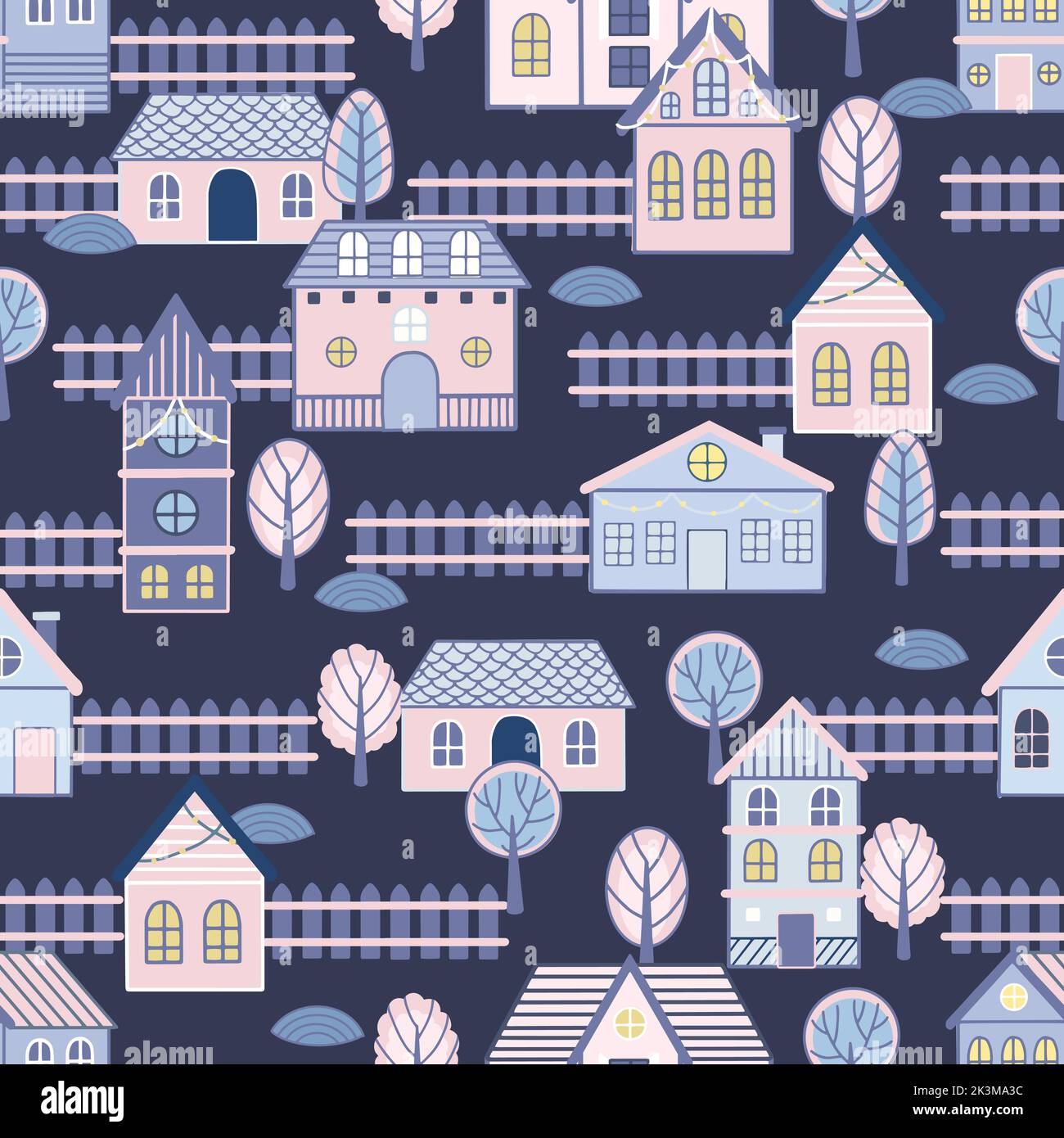 Vector Seamless pattern with hand drawn tree and house. Great for ...