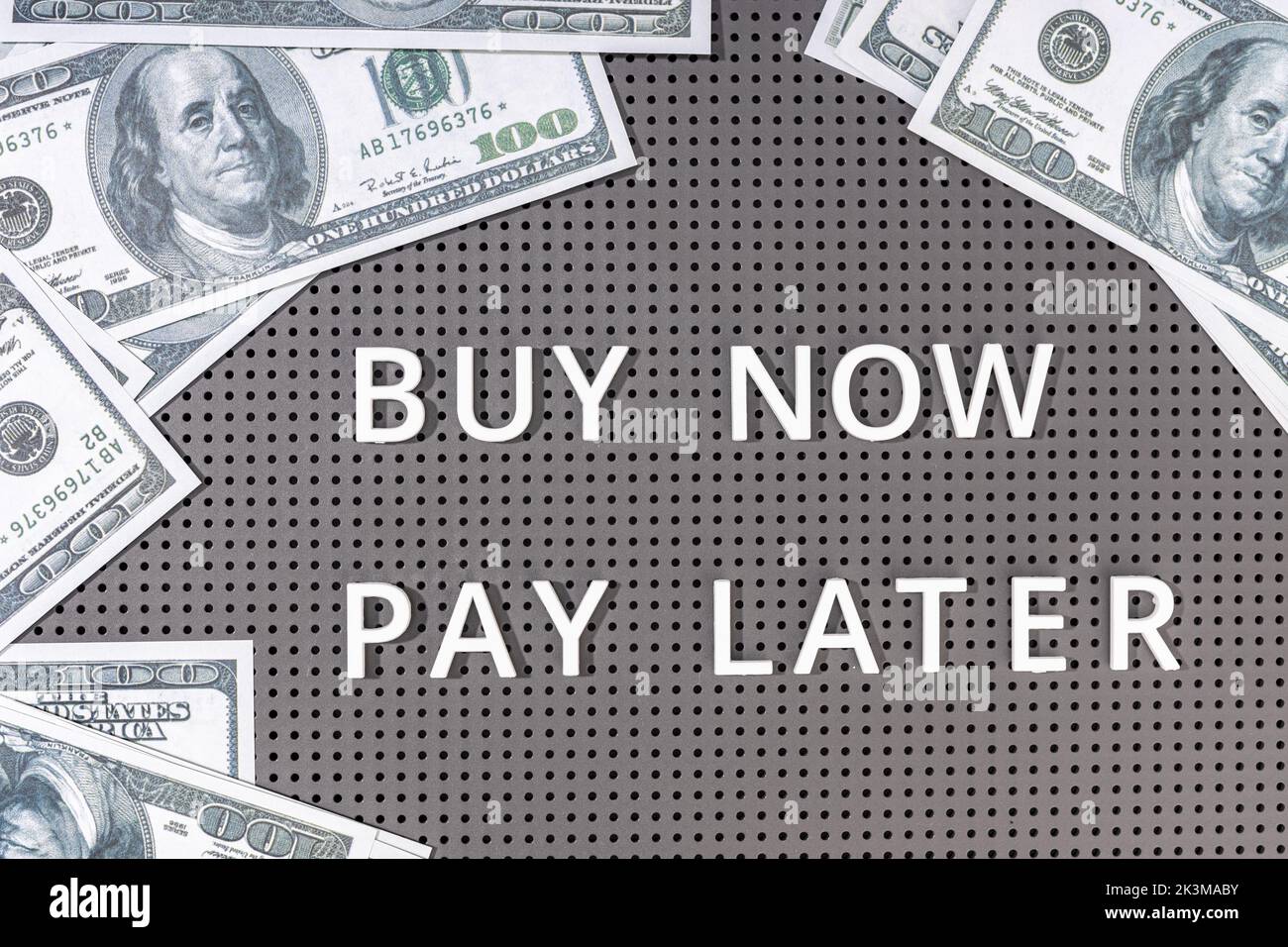 Buy Now Pay Later concept. Dollar banknotes and text message on gray ...