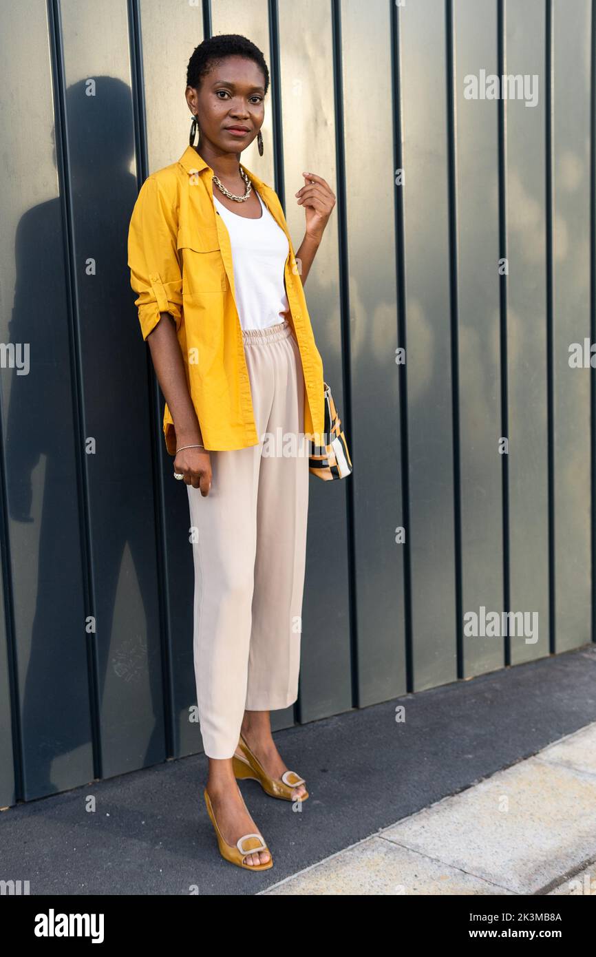 Full Body Of Gorgeous Young African American Female Model With Short