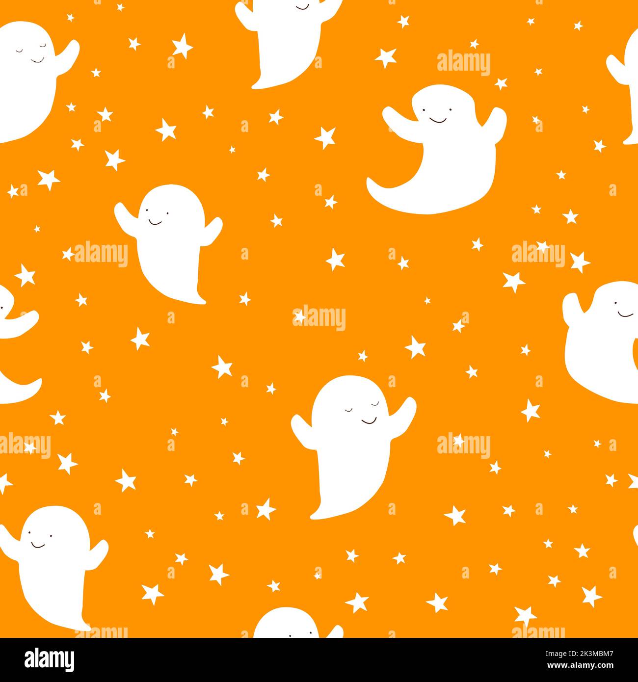 Cute Halloween white ghosts on colorful background decorated with stars, kids holiday seamless ...