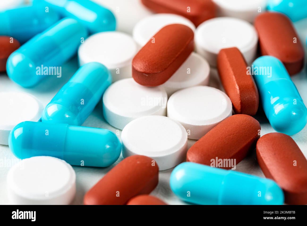A closeup of different types of medicines on the table. Concept of ...