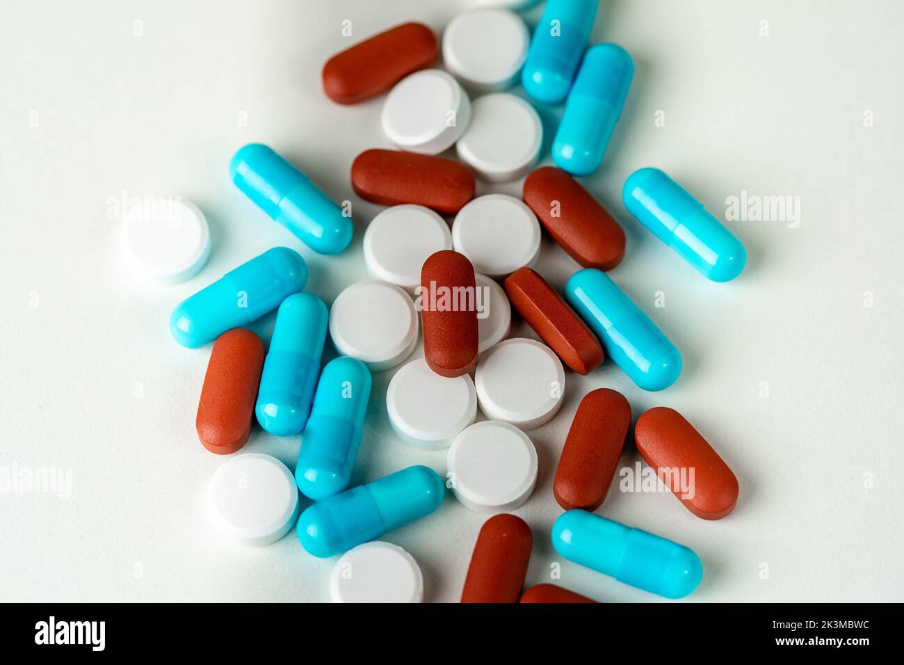 A closeup of different types of medicines on the table. Concept of ...