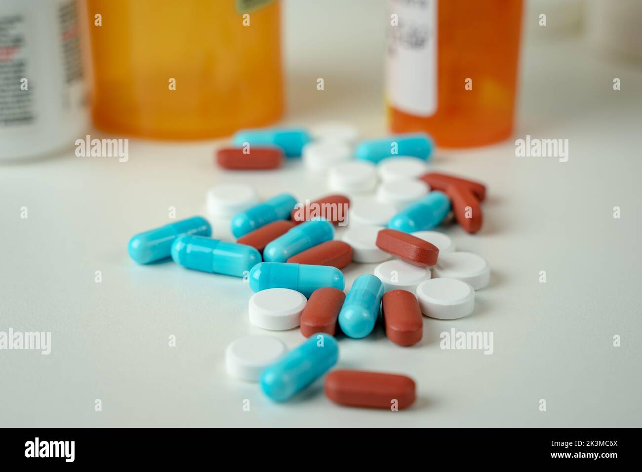 A closeup of different types of medicines on the table. Concept of ...