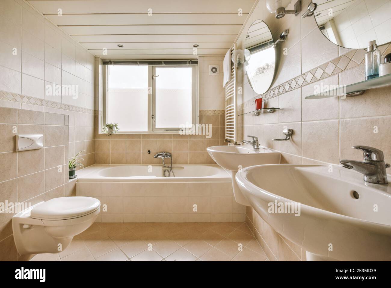 Sinks With Mirrors And Clean Toilet Located Near Shower Box With Glass