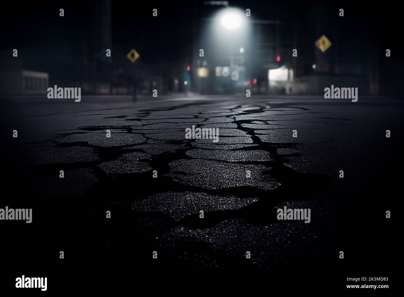 Black asphalt road and empty dark street scene background. Cracked ...